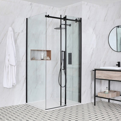 HomeStyleStore Black Reversible Corner Frameless Sliding Door Shower ...