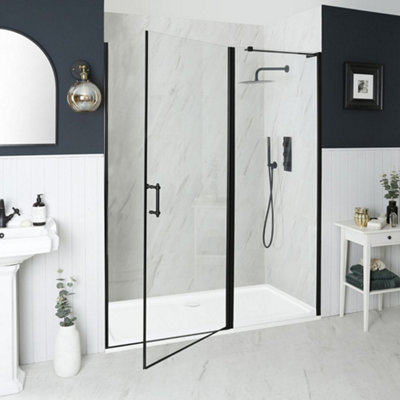 HomeStyleStore Black Walk In Wet Room Hinged Door Frameless Shower ...