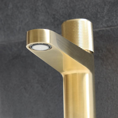 HomeStyleStore Brushed Brass Deck Mounted Push Button Mono Basin Mixer Tap