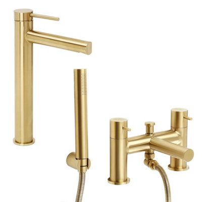 HomeStyleStore Brushed Brass High Rise Bathroom Basin Mixer Tap and ...
