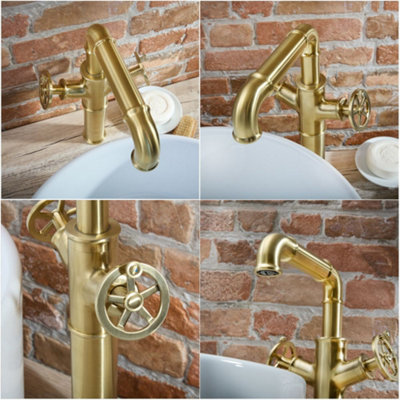HomeStyleStore Brushed Brass Industrial Steampunk High Rise Mono Basin ...