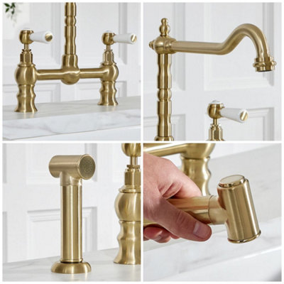 HomeStyleStore Brushed Brass Lever Handle Bridge Kitchen Sink Mixer Tap ...