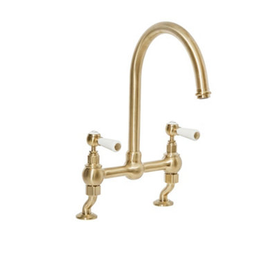 HomeStyleStore Brushed Brass Lever Handle Cranked Bridge Kitchen Sink ...