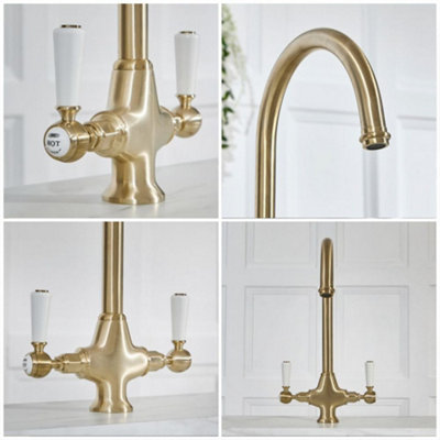 HomeStyleStore Brushed Brass Lever Handle Kitchen Sink Mixer Tap Swivel ...