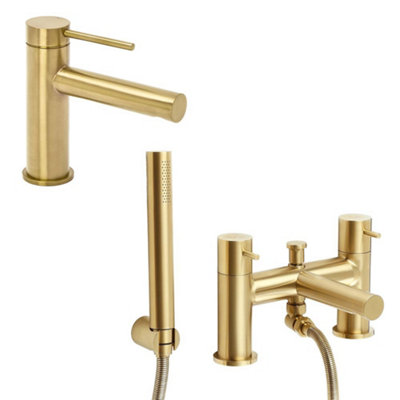 HomeStyleStore Brushed Brass Mono Bathroom Basin Mixer Tap Bath Tap ...