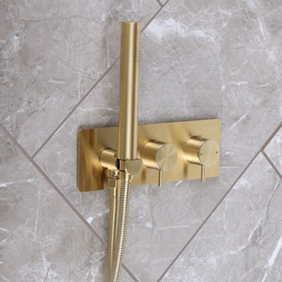 HomeStyleStore Brushed Brass Twin Diverter Thermostatic Mixer Shower ...