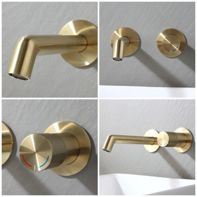 HomeStyleStore Brushed Brass Wall Mounted Bathroom Basin Mixer Tap ...