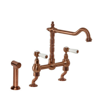 HomeStyleStore Brushed Copper Lever Handle Cranked Bridge Kitchen Sink ...
