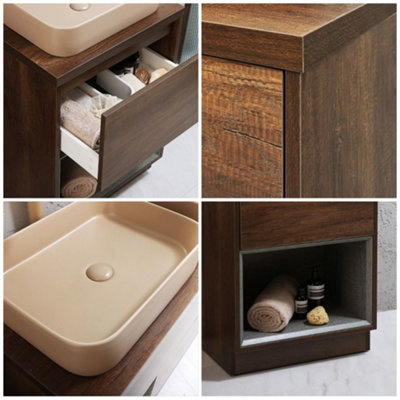 HomeStyleStore Dark Oak 600mm Bathroom Vanity Unit Rectangular Sand ...