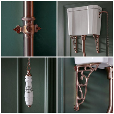 HomeStyleStore High Level Cistern Toilet and Brushed Copper Flush Kit ...