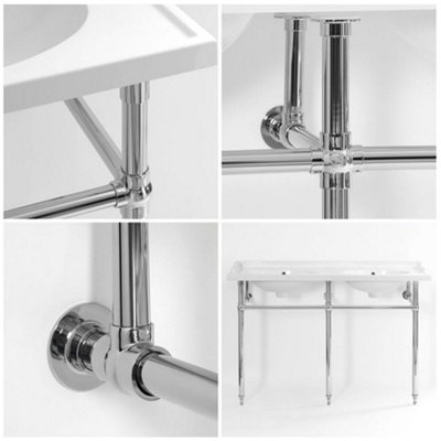 HomeStyleStore White Bathroom Double Basin Sink and Chrome Washstand ...