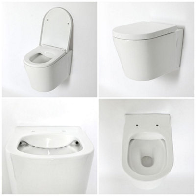 HomeStyleStore White Wall Hung Rimless Toilet WC with Soft Close Seat