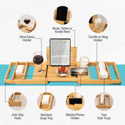 Homiu Bamboo Bathtub Caddy Tray Expandable Bath Caddy Organizer w/ Book ...