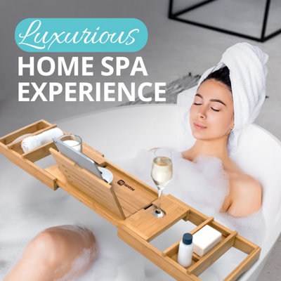Homiu Bamboo Bathtub Caddy Tray Expandable Bath Caddy Organizer w/ Book ...