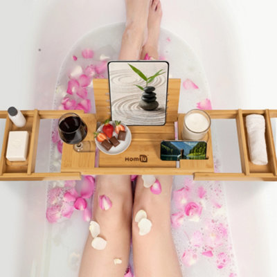 Homiu Bamboo Bathtub Caddy Tray Expandable Bath Caddy Organizer w/ Book ...