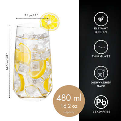 Homiu Highball Drinking Tumbler Glasses Set of 6 480ML Florence Collection BPA Free Dishwasher Safe