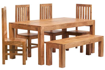 Hommoo Light Mango Wooden Dining Set With 6 Ft Dining Table With Bench ...