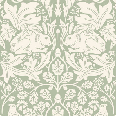 Hoopla Walls Forest Rabbit Sage Green Smooth Matt Wallpaper
