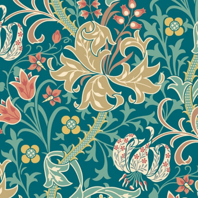 Hoopla Walls Lily Ogee Teal Smooth Matt Wallpaper at B&Q