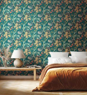 Hoopla Walls Lily Ogee Teal Smooth Matt Wallpaper at B&Q