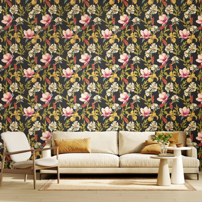 Hoopla Walls Orchid Bloom Ebony & Raspberry Smooth Matt Wallpaper