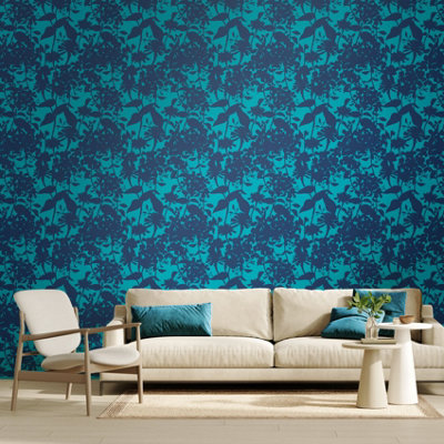 Hoopla Walls Summer Silhouette Ink & Teal Smooth Matt Wallpaper