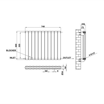 Horizontal Anthracite Double Flat Panel Radiator (H) 600 mm x (W) 748 mm.