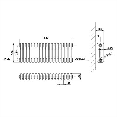 Horizontal Black Triple Column Radiator (H) 300mm x (W) 830mm.