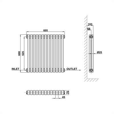 Horizontal White Double Column Radiator (H) 600mm x (W) 605mm.