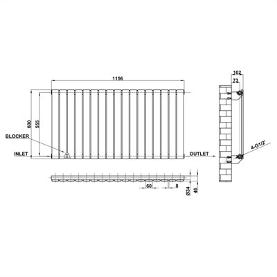 Horizontal White Single Flat Panel Radiator (H) 600 mm x (W) 1156 mm.