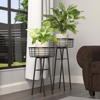 HORTICO Black Metal Plant Stand with Basket D29 cm, Indoor and Outdoor ...