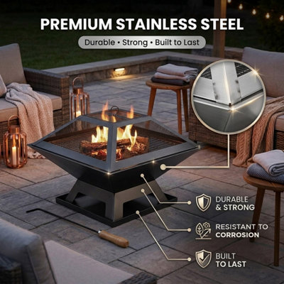 Hortus Metal Square Firepit Table Backyard Patio Garden Stove Wood ...