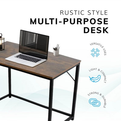 House of Home 100cm Computer Desk Rustic Dark Brown with Black Coated ...