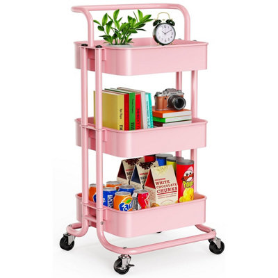 House of Home 3 Tier Pink Storage Cart on Wheels for Kitchen Office and ...