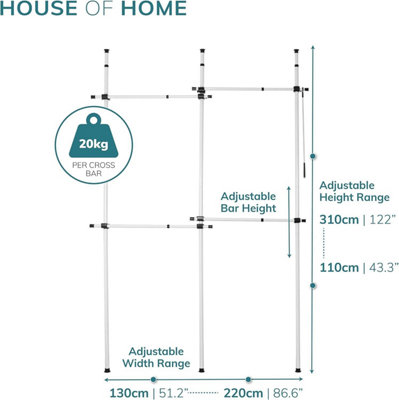 House of Home Double Telescopic White Wardrobe Organiser Hanging Rail ...