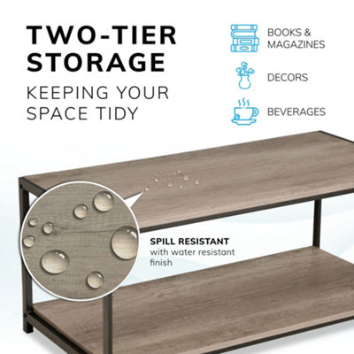 House of Home Rustic Coffee Table Light Brown 2 Tier with Metal Frame ...