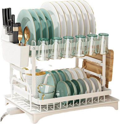 Housekeeper Large White Double Stack Dish Drainer Rack with Drip Tray