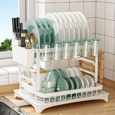 Housekeeper Large White Double Stack Dish Drainer Rack with Drip Tray