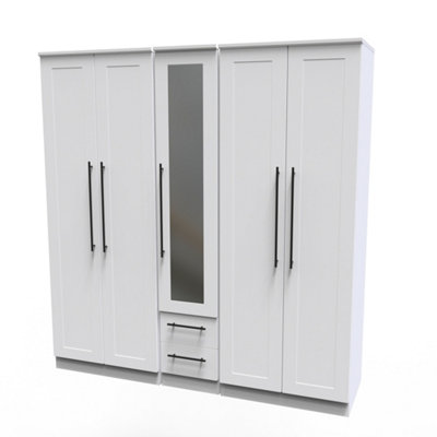 Howard Tall 5 Door 2 Drawer 1 Mirror Wardrobe in White Ash (Ready ...