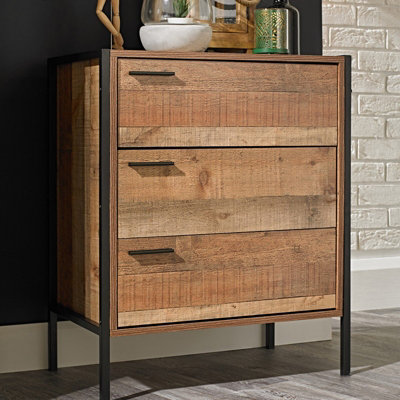 Hoxton 3-Drawer Chest - Industrial Chic with Distressed Oak Effect ...