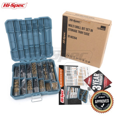 HSS Drill Bit Set for Metal, Wood, Plastic With Case 1-10mm Bits 130 Pcs Hi-Spec