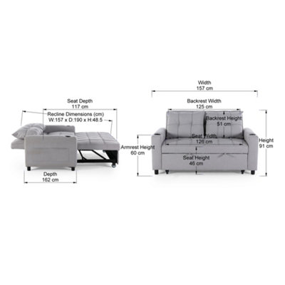 Hudson 2-Seater Sofa Bed Linen Fabric With Cup Holders Light Grey