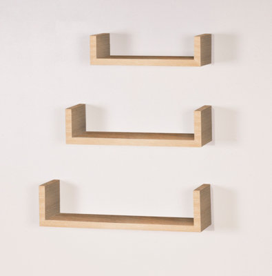 Hudson Set of 3 Floating "U" Shape Wall Shelf Kit - Oak