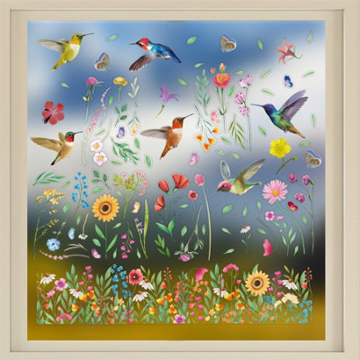 Huge Hummingbirds with Watercolor Wildflower Meadow Spring Window ...