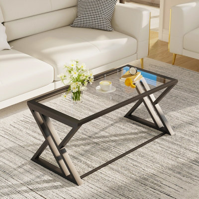 Huhote Sleek Glass Coffee Table with Black Metal Frame 39 x 19 x 18 IN ...