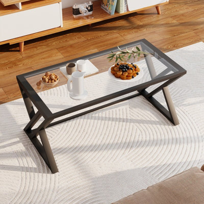 Huhote Sleek Glass Coffee Table with Black Metal Frame 39 x 19 x 18 IN ...