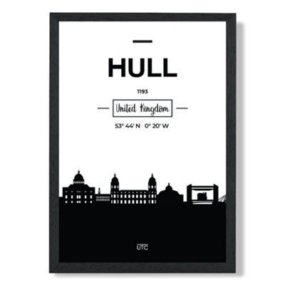 Hull Black and White City Skyline Medium Poster with Black Hanger | DIY ...