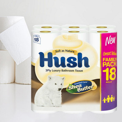 Hush Luxury Shea Butter 3 Ply Scented Core Bathroom Tissues, 36 Rolls