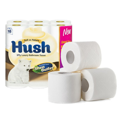 Hush Luxury Shea Butter 3 Ply Scented Core Bathroom Tissues, 36 Rolls