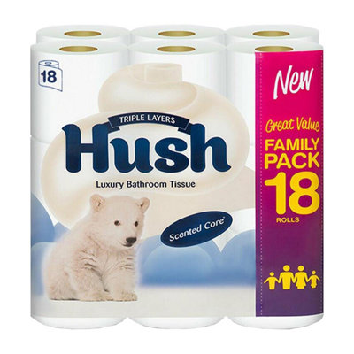 Hush Luxury White 3 Ply Scented Core Bathroom Tissues, 18 Rolls